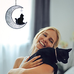 HXFRTYU Cat Memorial Gifts, Cat on Moon Stained Glass Window Hangings, Black Cat Halloween Decor Suncatcher Gifts for Cat Lovers, Loss of Cat Sympathy Gift, Cat Christmas Ornament for Cat, Pet Lovers