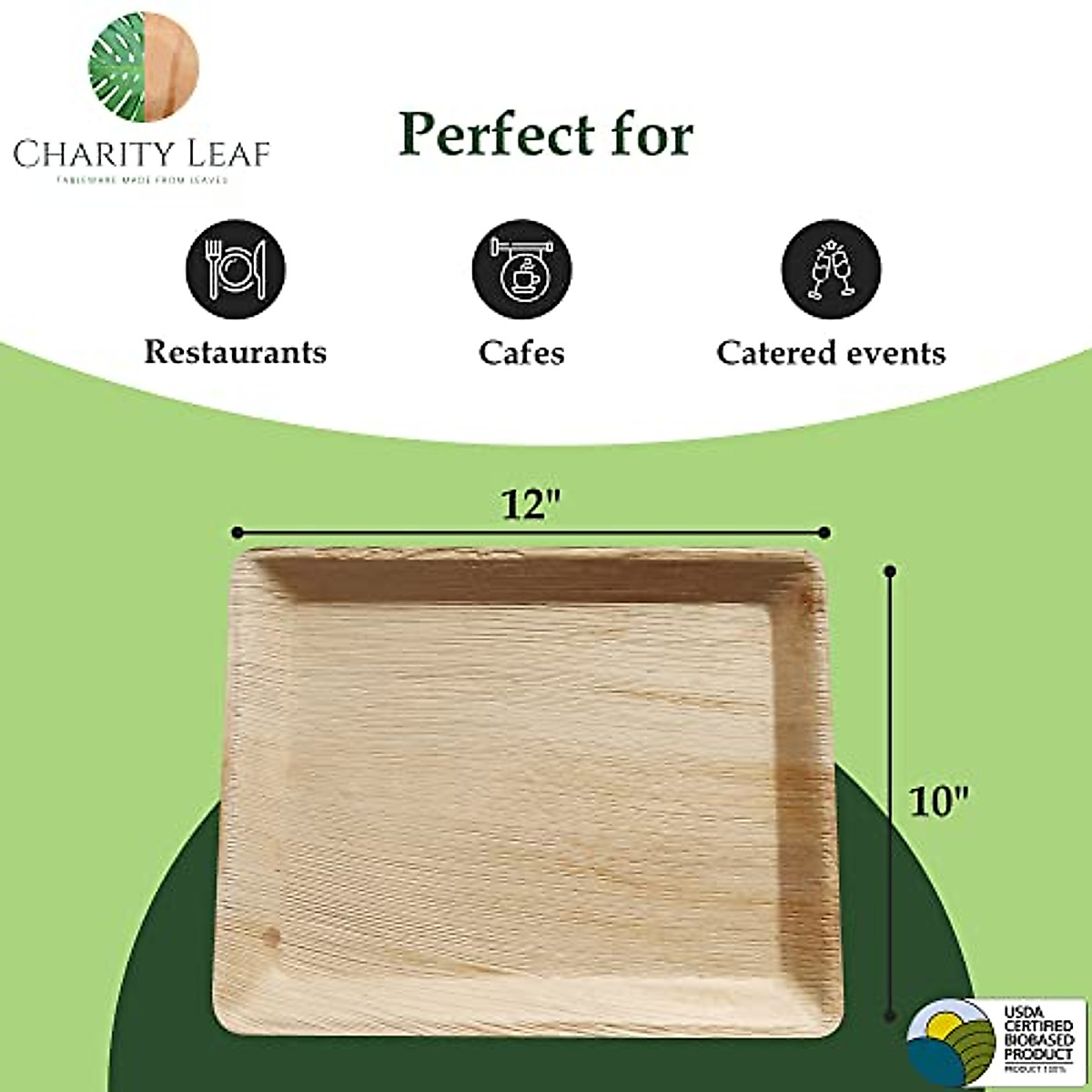 Charity Leaf Disposable Palm Leaf 12" x 10" Trays (10 pieces) Bamboo Like Serving Platters, Disposable Boards, Eco-Friendly Dinnerware For Weddings, Catering, Events