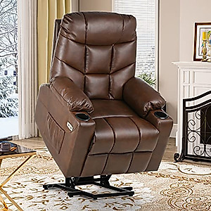 YITAHOME Electric Power Lift Recliner Chair for Elderly, Leather Recliner Chair with Massage and Heat, Spacious Seat, USB Ports, Cup Holders, Side Pockets, Remote Control (Brown)