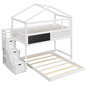 Harper & Bright Designs Twin Over Full House Bunk Bed with Stairs and Blackboard, Wood Floor Bunk Bed Frame with Storage Staircase, for Kids Teens (White)