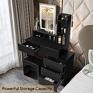 SMOOL Vanity Desk with Lighted Mirror - Makeup Vanity Table with 3 Color Lighting Modes Adjustable Brightness, Makeup Desk with Movable 3-Drawer Chest and Shelves, Vanity Set for Bedroom Studio, Black