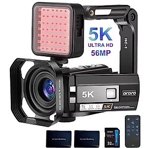 ORDRO 5K Video Camera Camcorder with 95° Wide Angle, WDR Mode, EIS Stabilizer, AE20 Video Camera Recorder IR Night Vision Vlogging Camera for YouTube with IR Night Light, Holder, Remote, 2 Batteries
