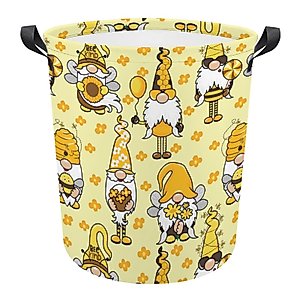 FISNAE Yellow Honey Bees Storage Baskets, Gnomes Flower Small Laundry Hamper-Collapsible Storage Bin with Handles Round Toy Organizer Bin for Kid's Room,Office,Nursery Hamper, Home Decor