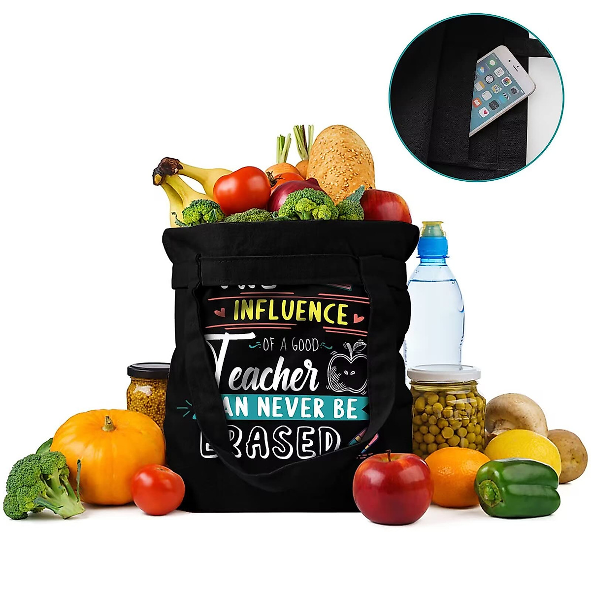 NANOOER Teacher Appreciation Gifts Canvas Tote Bag Black with Inner Pocket for Women Teacher Graduation Christmas, Reusable Grocery Bag