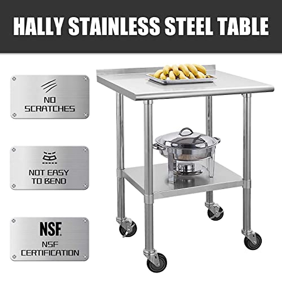 VKKILPEE Stainless Steel Table for Prep & Work 24 x 30 Inches with Caster Wheels, Kitchen Island Cart, NSF Commercial Heavy Duty Table with Undershelf & Backsplash for Restaurant, Home and Hotel