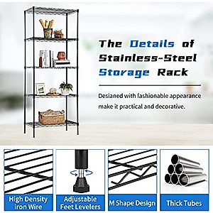 BLKMTY 5-Tier Wire Shelving Unit Metal Storage Shelf 24"x14"x60" Heavy Duty Metal Storage Rack Sturdy Wire Rack for Kitchen Bathroom Garage Shelf Pantry Organization Utility Shelves, Black