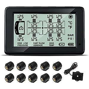 MIRAIDON RV Tire Pressure Monitoring System, Trailer TPMS with 10 Theft Sensors, 6 Alert Modes, Solar Power Tire Pressure Monitor, 80ft Sensing Distance, Up to 14 Tires, for RV, Trailers, Heavy Trucks