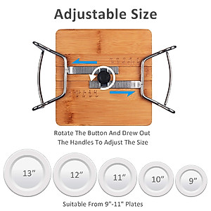 E-ROOM TREND Dish Holder SS304 1 Pack Large Square Size for 9" to 13" Plates Organizer Upgrade Thicken Bamboo Adjustable Size Easy Carried Handles Storage Rack for RV Cabinets Shelf Countertop (A017)