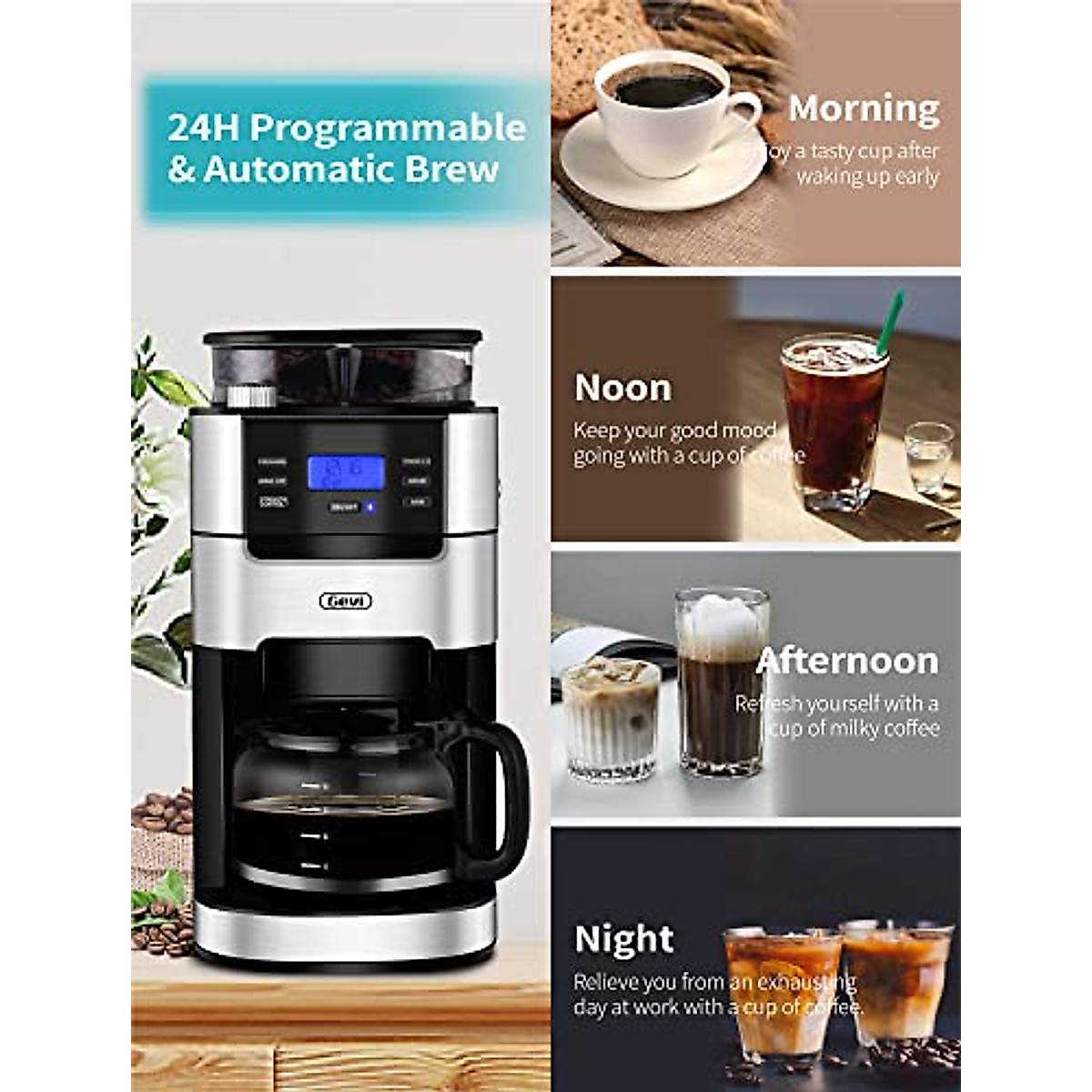 10-Cup Drip Coffee Maker, Grind and Brew Automatic Coffee Machine with Built-In Burr Coffee Grinder, Programmable Timer Mode and Keep Warm Plate, 1.5L Large Capacity Water Tank,900W, Black (Aluminum, 10 Cup)
