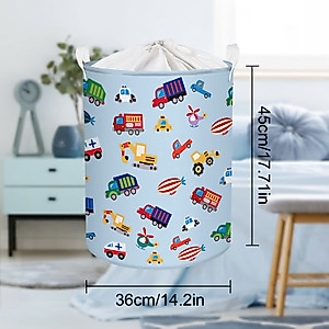 Clastyle 45L Cartoon Car Nursery Laundry Basket Blue Drawstring Collapsible Laundry Hamper with Handle Waterproof Toys Storage Basket for Kids Room, 14 * 17.7 in
