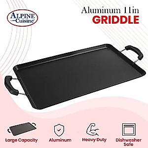 Alpine Cuisine Aluminum Griddle Pan 19x11in | Nonstick Coating & Heat Resistant | Gas Stove Griddle for Cookware with Double Handle - Ideal for BBQ & Serving Pancakes, Hand Wash - Gray