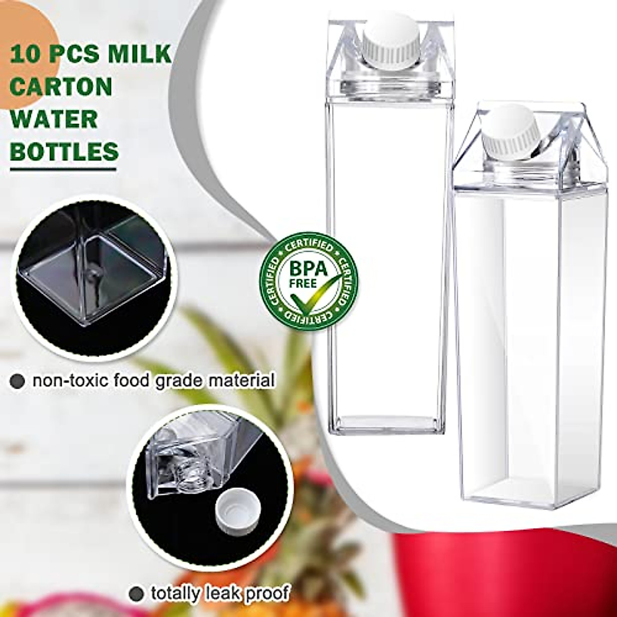 Clear Milk Carton Water Bottles, 17Oz Leakproof Cute Square Milk Box Portable Juice Bottle for Outdoor Sports Travel Camping School Activities (10)