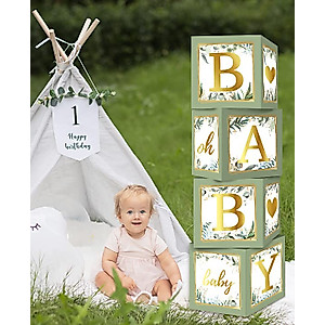RUBFAC Sage Green Baby Boxes with Letters for Baby Shower, 4pcs Safari Baby Shower Decorations for Boy Girl Balloon Boxes Gender Reveal Baby Shower Birthday Party Favors