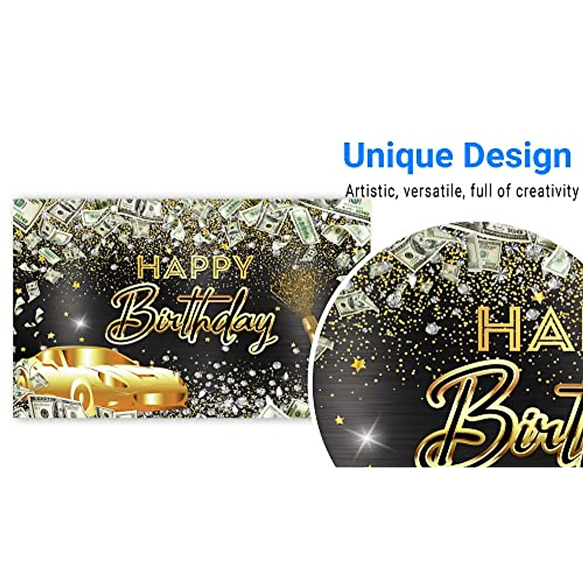 Funnytree Money Birthday Backdrop Dollar Bill Diamond Bday Party Black and Gold Car Champagne Background Supplies Banner Cake Table Decor Props Gifts Photobooth
