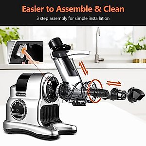 Juicer Machines Cold Pressed, AMZCHEF 3" Wide Chute Slow juicer, High Nutrition Juicer Slow Masticating with 2-Speed Modes & Reverse Function (Gray)