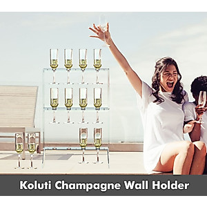 KOLUTI 3-Tier Champagne Wall Holder Stand for Party, Solid Acrylic Wine Glass Rack Floor Standing, 12 Glassware Wall-Mount Stemware Hanging, Drink Tower Shelf for Wedding Birthday Christmas Décor…