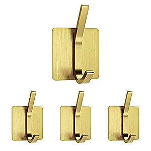 ARIOSOX 4-Packs Heavy Duty Adhesive Hooks, Waterproof Stainless Steel Bathroom Hooks for Towels, Shower Cap and Towel Robe, Closet Hook Wall Mount for Home, Kitchen, RV,Bathroom,Office (Gold)