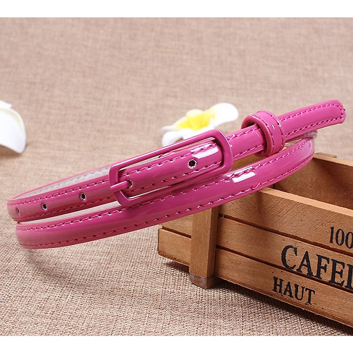 Selighting Women's Solid Color Faux Leather Skinny Belts for Dresses (One Size, Rose)