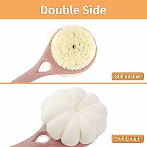 Shower Brush with Bristles and Loofah,Frosted Bath Net Sponge with 15 Inch Handle for Back Scrubber Body Exfoliator,Shower Body Brush for Wet or Dry Brushing,Pink