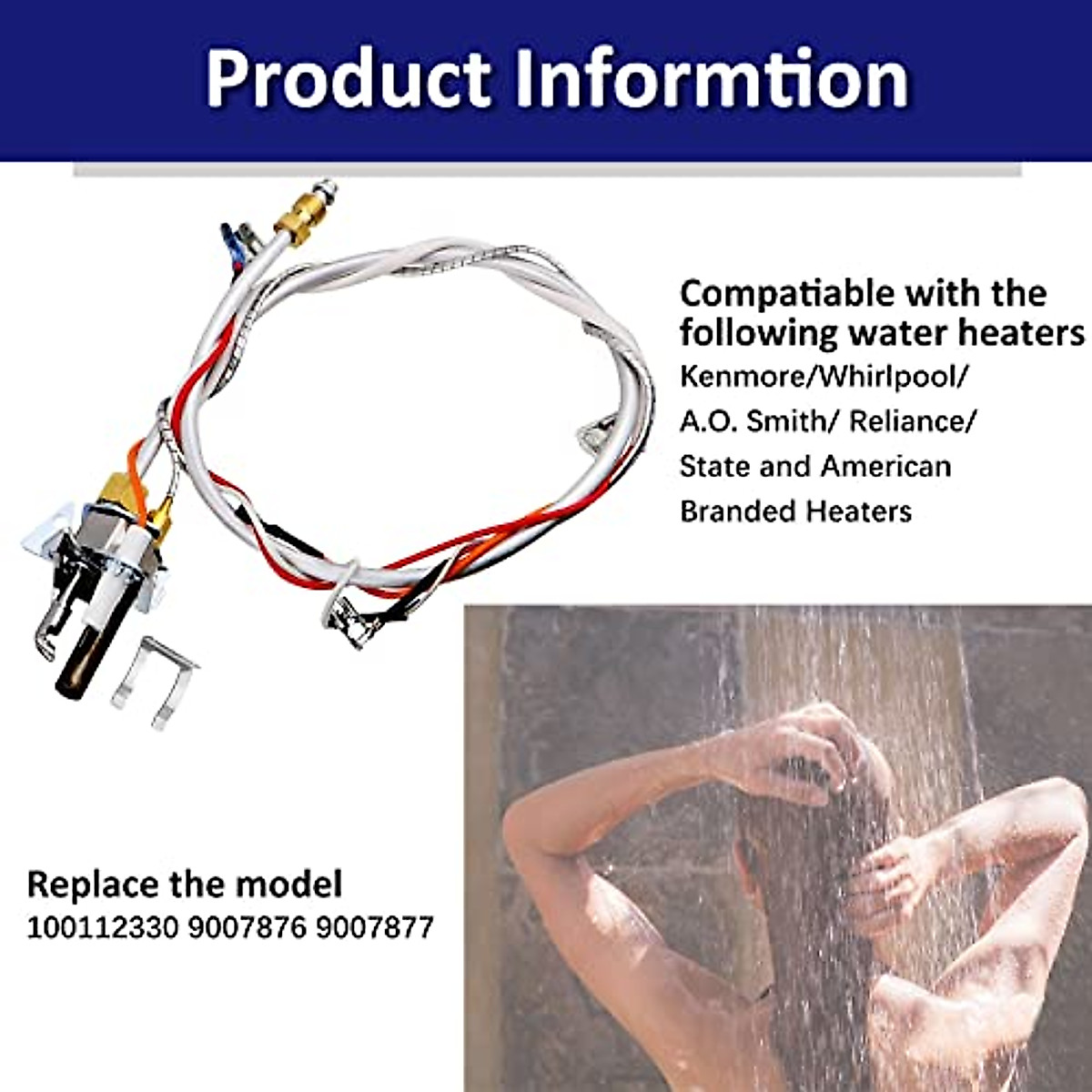 100112330 Water Heater Pilot Assembly, Replacement for 9007876 9007877 Thermopile Nat Gas Assembly Compatible with Whirlpool, A.O.Smith, Kenmore, American Water Heater Replace for 300 301 Series