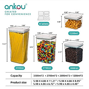 Food Storage Containers, Pop Airtight Food Storage Containers with Lids for Kitchen Pantry Organizing Stackable Container For Cereal Snack Flour Sugar Coffee Spaghetti - 8 Pcs Set [(1.2, 2.0, 2.7, 3.3qt)*2]