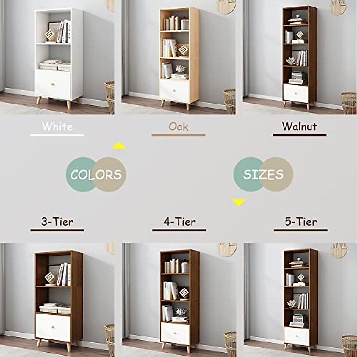 IOTXY 3-Tier Open Shelves Bookcase - 47" Height Modern Free Standing Wooden Cube Bookshelf with Storage Drawer and Legs, Walnut