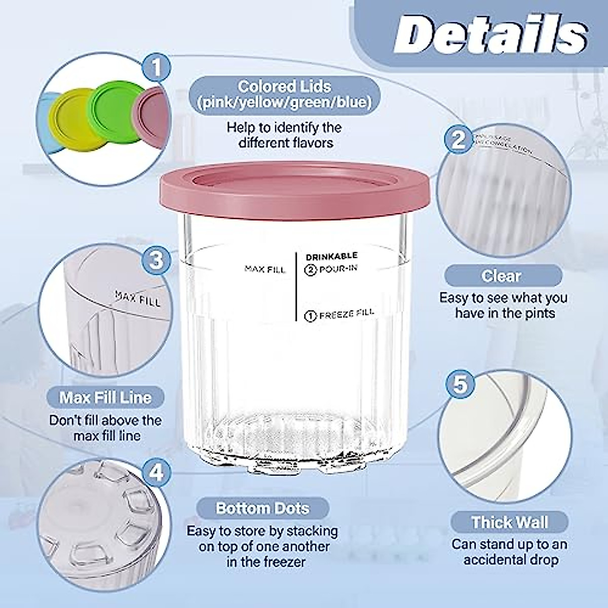 NANOBABY Pint Containers and Lids Replacement Compatible with Ninja Creami Deluxe 11-in-1 Ice Cream Makers, 24oz Pint Cups Replacement for Ninja Deluxe NC500 NC501 NC500C NC501C NC501H,4-Pack,BPA Free