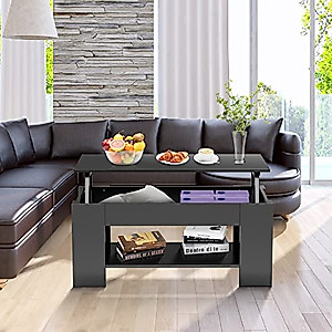 ZENY Lift Top Coffee Table with Hidden Compartment and Storage Shelves, Rising Tabletop Dining Table Modern Furniture for Home, Living Room, Reception Room Office, 38.6in L (Black)