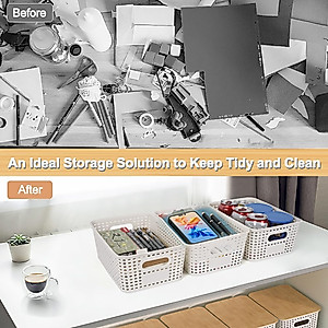 UHAPEER 6 PCS Storage Bins with Bamboo Lids Plastic Baskets Plastic Storage Containers for Organizing Stackable Storage Box with Handle for Shelves Drawers Desktop Closet Classroom Office（White）