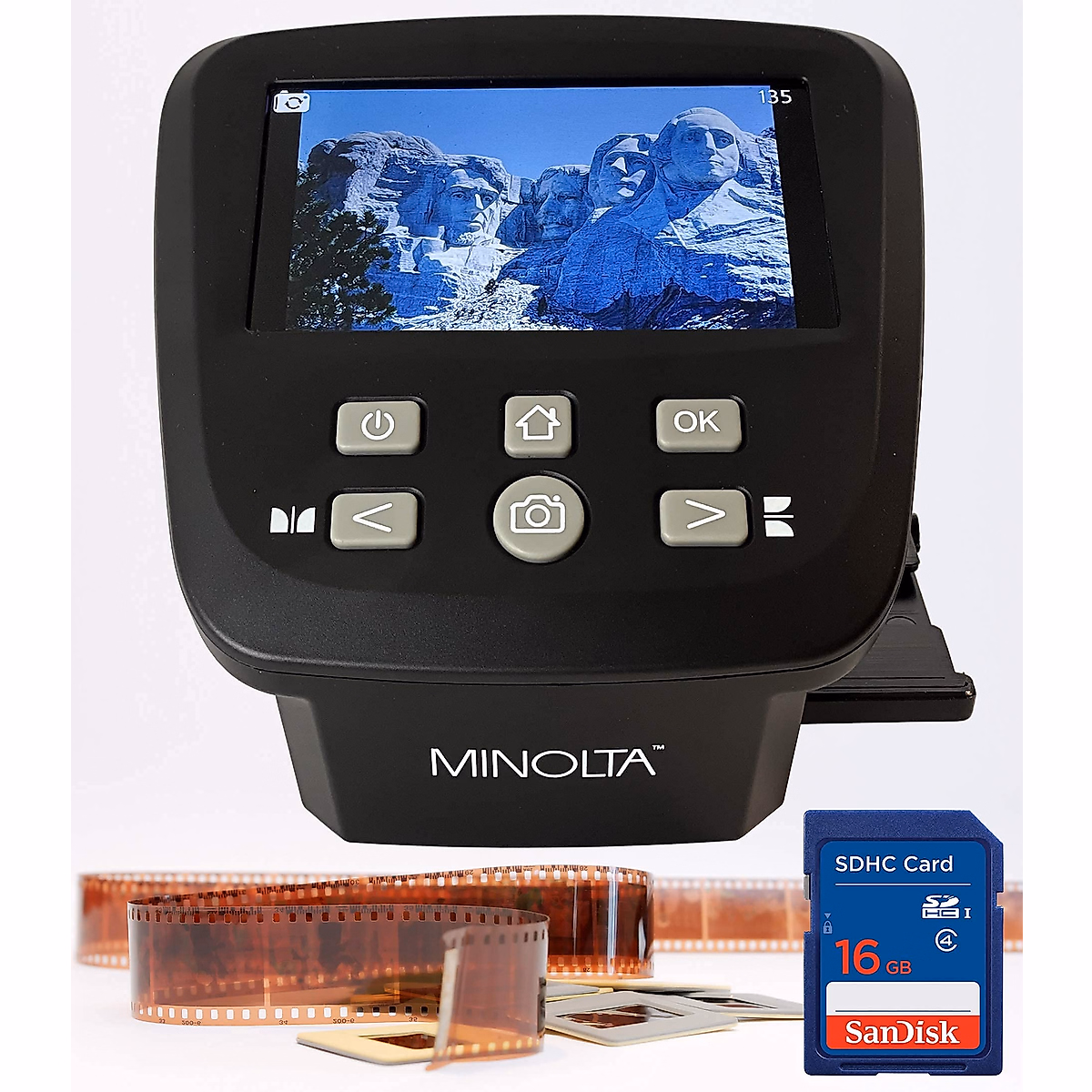 MINOLTA Film & Slide Scanner, Large 5" Screen, Convert Color & B&W 35mm, 126, 110 Negative & Slides, Super 8 Films to High Res 22MP JPEG Digital Photos, 16GB SD Card, Worldwide AC Adapter (Black)
