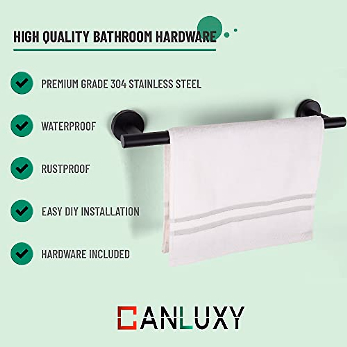 CANLUXY Towel Bar Hand Towel Rack Holder with 2 Small Transparent Hooks, Modern Towel Bar Black Matte