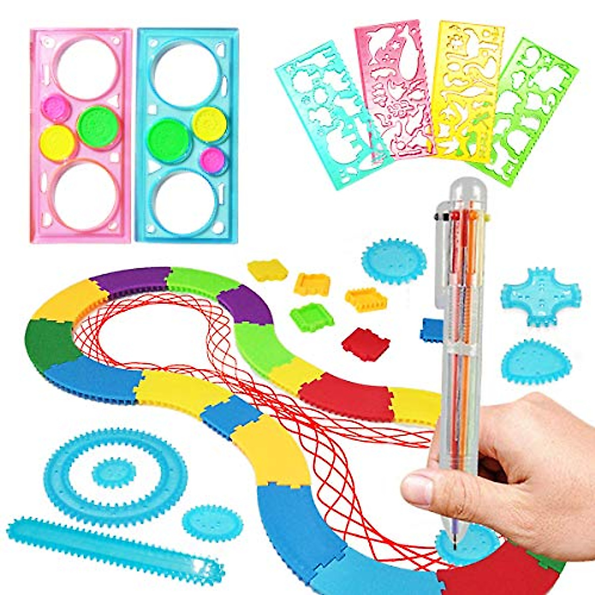 MIMIDOU Spiral Designer Freestyle Design Deluxe Kit, kids drawing aid art design stencil set include multicolored gel pen, spiral shapes and geometric templates 17 pcs.