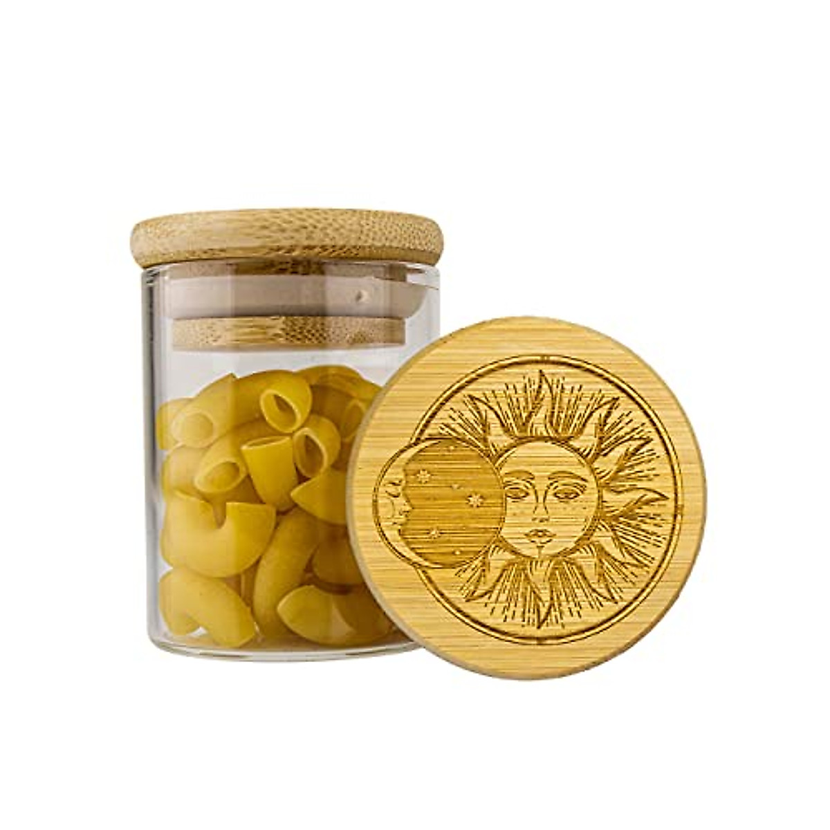 Sun and Moon 60ML Glass Food Storage Container and Decorative Engraved Air Tight Bamboo Lids Multi-Use Jar Herbs, Coffee, Tea, Sugar, Candy Apothecary Accessories for The Bedroom Kitchen Pantry