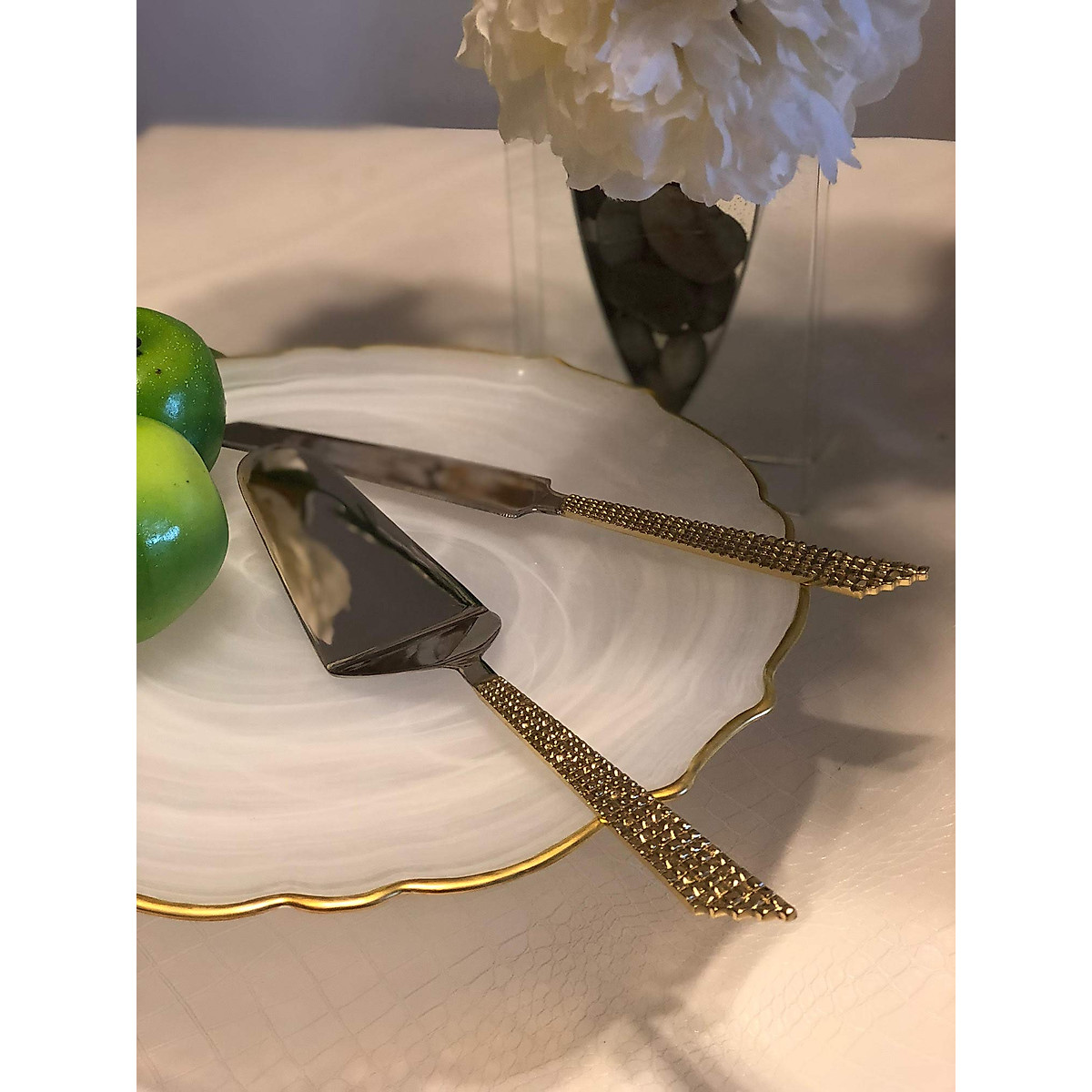 Gold Cake Servers With Mosaic Design - 12"L Cake Knife & Server Set Ideal for Weddings, Party's, Elegant events