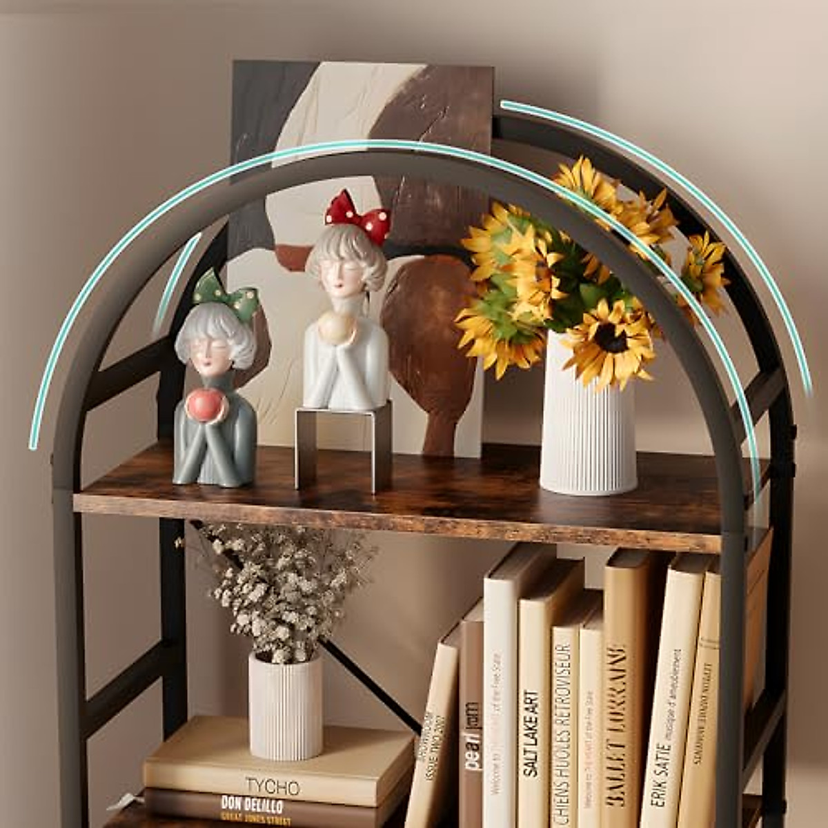 Arbuxzuy 5-Tier Bookshelf, 24 Inch Width Industrial Arched Bookcase, Vintage Storage Rack with Open Shelves, Free Standing Shelf for Home Office, Living Room,Bedroom, Rustic Brown