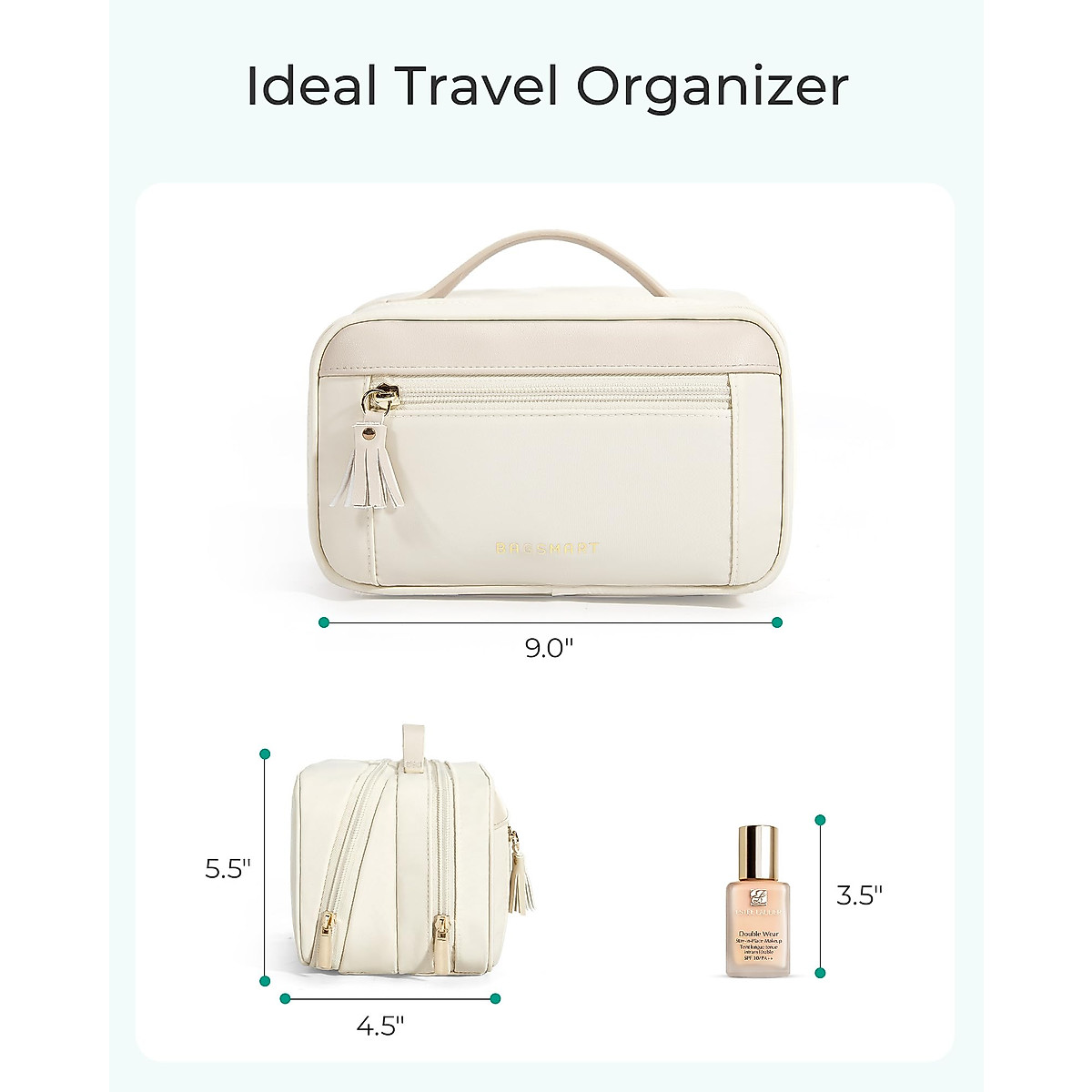 BAGSMART Large Makeup Bag Organizer,Double-Layer Travel Cosmetic Case with Acrylic Mirror,Makeup Train Case with Adjustable Dividers Women Cosmetics Makeup Brushes Toiletries,Black