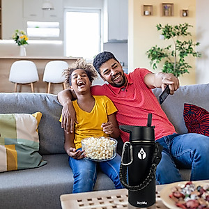 XccMe Kids Stainless Steel Water Bottle,16oz Kids water bottle for School,Insulated Kids Thermos with Straw Lid,Silicone Boot,16 Personalize Dinosaur Stickers and Paracord Handle(Red)