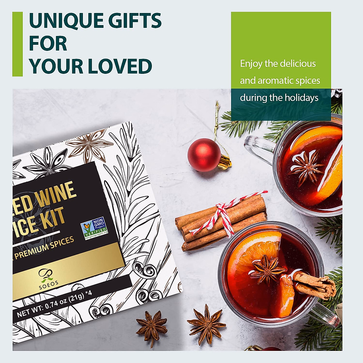 Soeos Mulled Wine Spice Kit, 2.96 oz (0.74 oz*4), Six Premium Spices, Mulled, Wine Spice Kit, Cooking Gadgets Holiday Gifts, Wine Gifts for Women, Christmas Gift Ideas