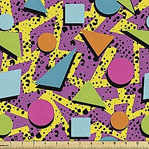 Lunarable Colorful Fabric by The Yard, Vibrant Colored Vintage Memphis Pattern in Eighties Fashion Funky Hipster Art, Decorative Fabric for Upholstery and Home Accents, 1 Yard, Purple Yellow
