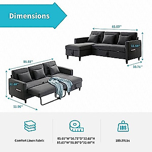 CECER Convertible Sofa Bed with Storage Chaise, L-Shaped Modern Couch with Side Pockets, Upholstered Linen Sectionals with Sleeper for Living Room/Home Office/Easy Assembly - Gray
