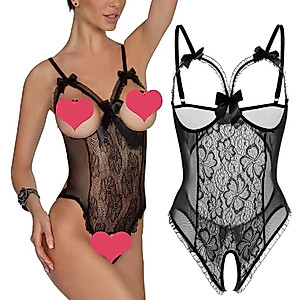 AIBINGGE Lingerie for Women Sexy Teddy One-Piece Lace Babydoll Bodysuit Nightie Plus Size(Black,M)