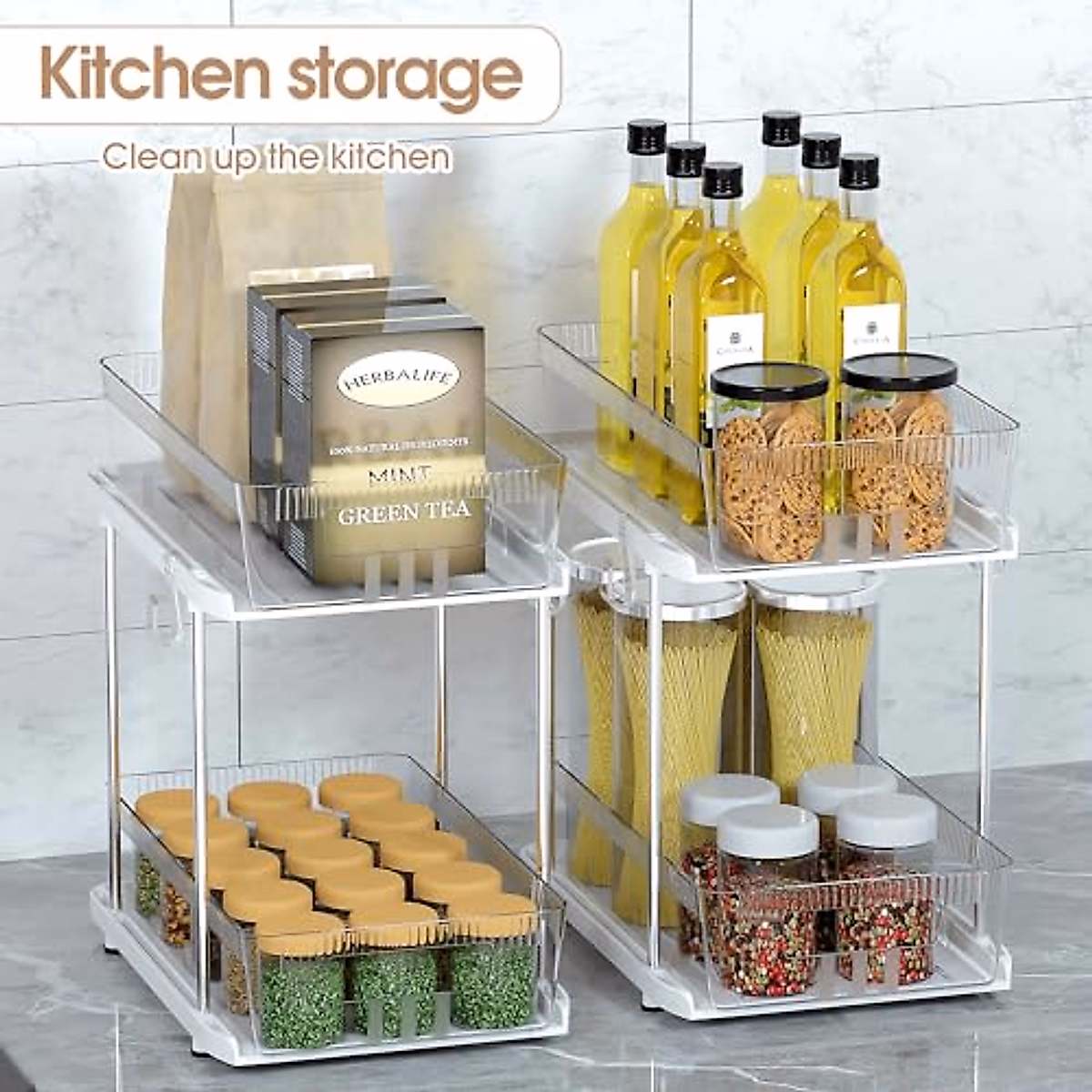 2 Tier Under Sink Organizers with Dividers and Lids, Snack Organizer for Pantry, Kitchen, Vanity, Medicine Drawer Storage (Adjustable)