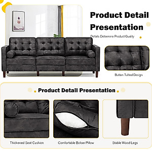 Lesofair 84" Faux Leather 3-seat Sofa with 2 Bolster Pillows, Tufted Couch with Wooden Legs, Morden Sofa Suitable for Living Room, Office, Black