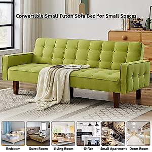 Setawix Linen Futon Sofa Couch Bed Button Tufted Convertible Sleeper Sofa Beds Reclining Armed 3 Seater Sofas Couches for Living Room Bedroom Apartment Small Spaces (Green)
