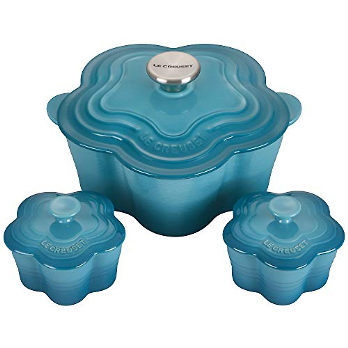 Le Creuset Enameled Cast Iron 2.25qt. Flower Cocotte and (2) Stoneware Mini flower Ramekins