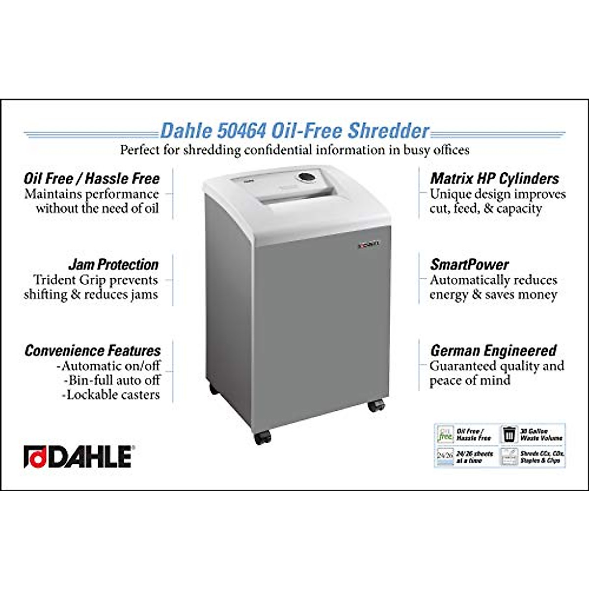 Dahle 50464 Oil-Free Paper Shredder w/Jam Protection, SmartPower, German Engineered, 24 Sheet Max, Security Level P-4, 3-5 Users