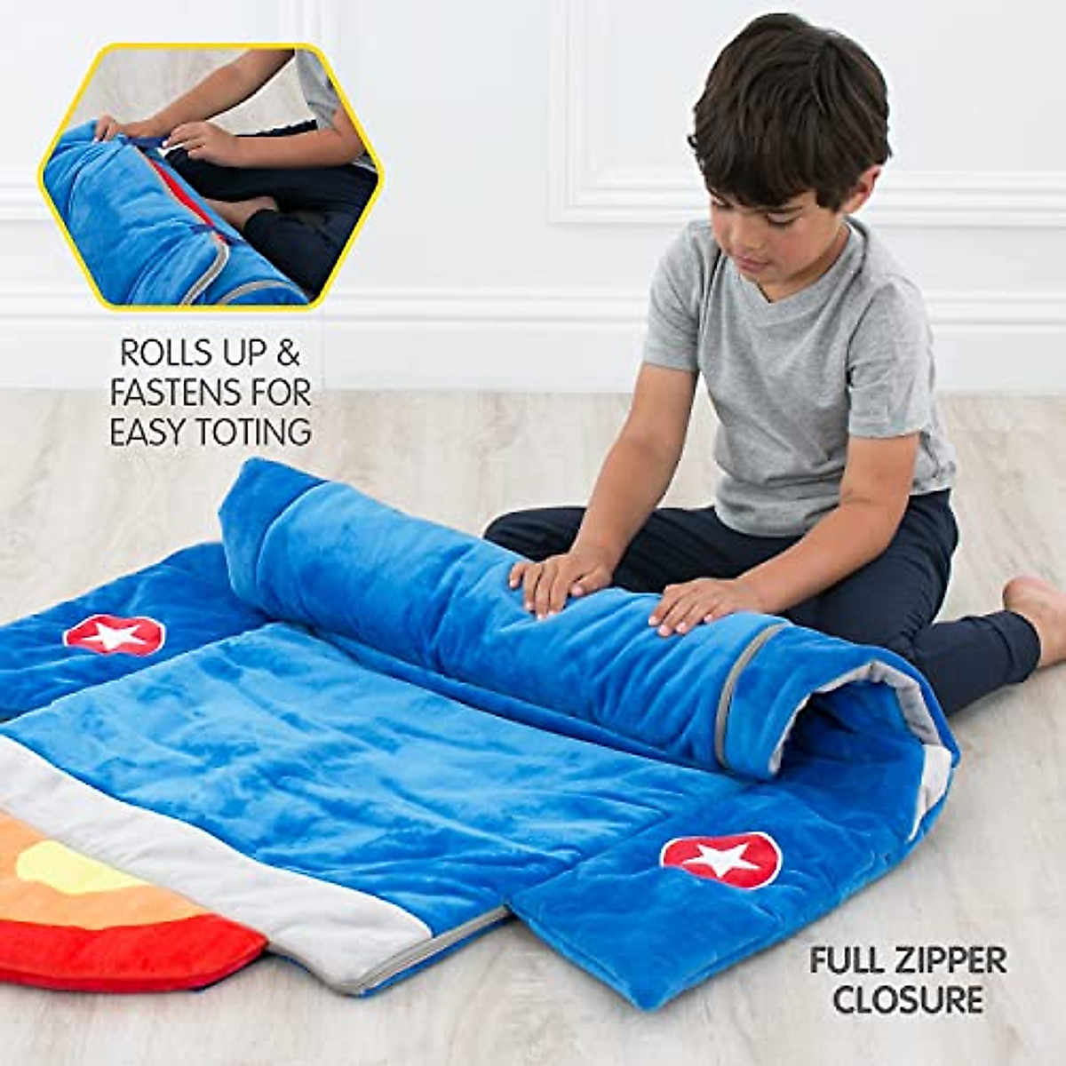 Bixbee Kids Sleeping Bag, Soft Sleepy Sack for Kids & Toddlers | Easy Roll Up Design for School, Daycare + Naptime, 60 x 22 Inches | Cozy Slumber Bag with Lining | Rocket Sleeping Bag for Boys + Girls