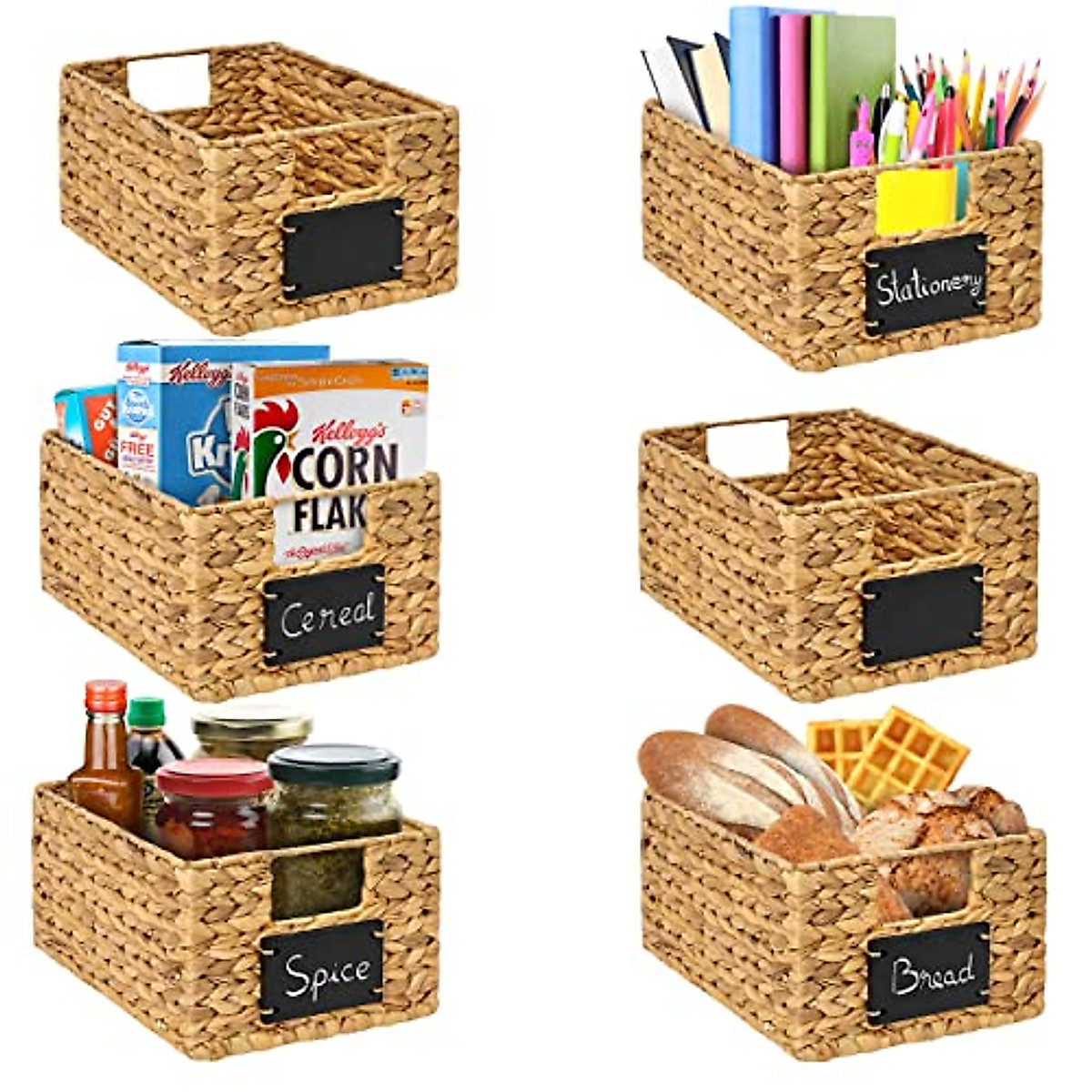 BARIEN 6 Pcs 12" x 9" x 6" Natural Water Hyacinth Storage Baskets, Rectangular Wicker Basket with Built-in Handles, Woven Cube Storage Bin with Chalkboard Label Chalk Marker (Natural - Set of 6)