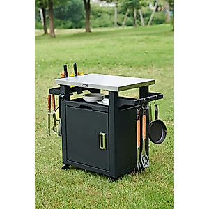 NUUK Deluxe Outdoor Rolling Prep Station, 20" x 30" Stainless Steel Kitchen Storage Island with Enclosed Cabinet and Storage Drawer