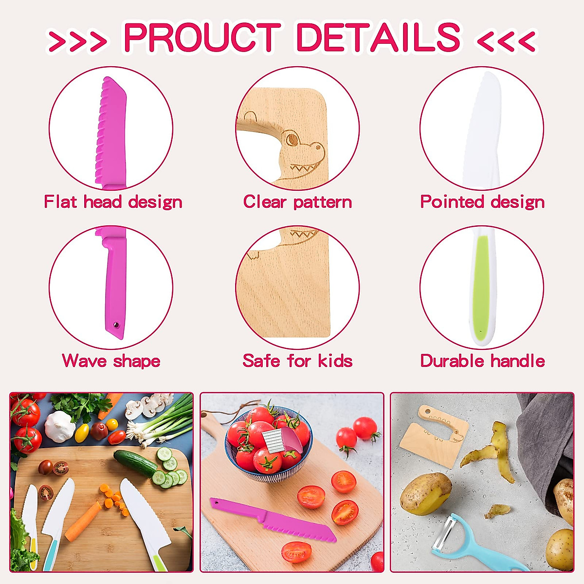 14 Pieces Wooden Kids Kitchen Safe Knife Set,Kid Safe Knives Set Include Wood Kids Knife Vegetable Cutter Shapes Potato Slicers Cooking Knives Peeler Cutting Board for Children